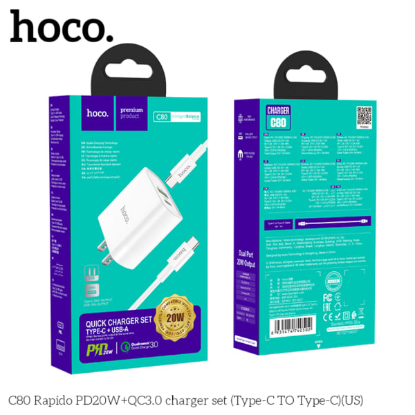Bộ sạc nhanh Hoco C80 công suất 20W 2 cổng sạc USB và Type-C
